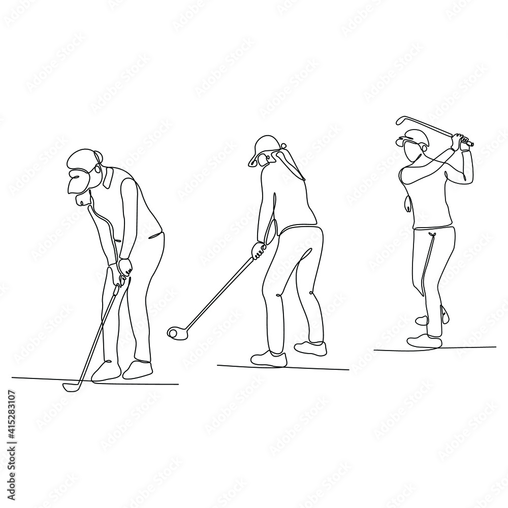 Continuous line drawing of a woman playing golf vector illustration ...