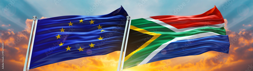 European Union Flag and South Africa flag waving with texture sky Cloud ...