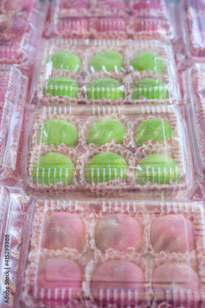 Japanese dessert colourful mochi in a clear packging containers. Stock ...