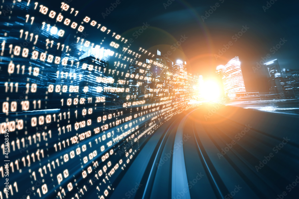 Digital data flow on road with motion blur to create vision of fast ...