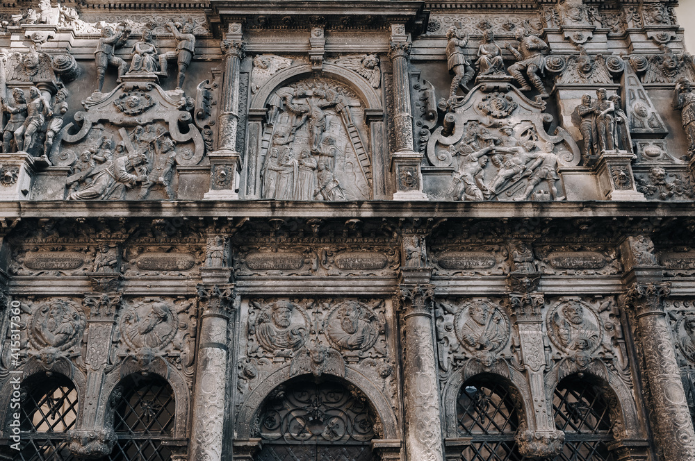 Old facade of the Boim Chapel in Lviv. Reliefs from the lives of the ...