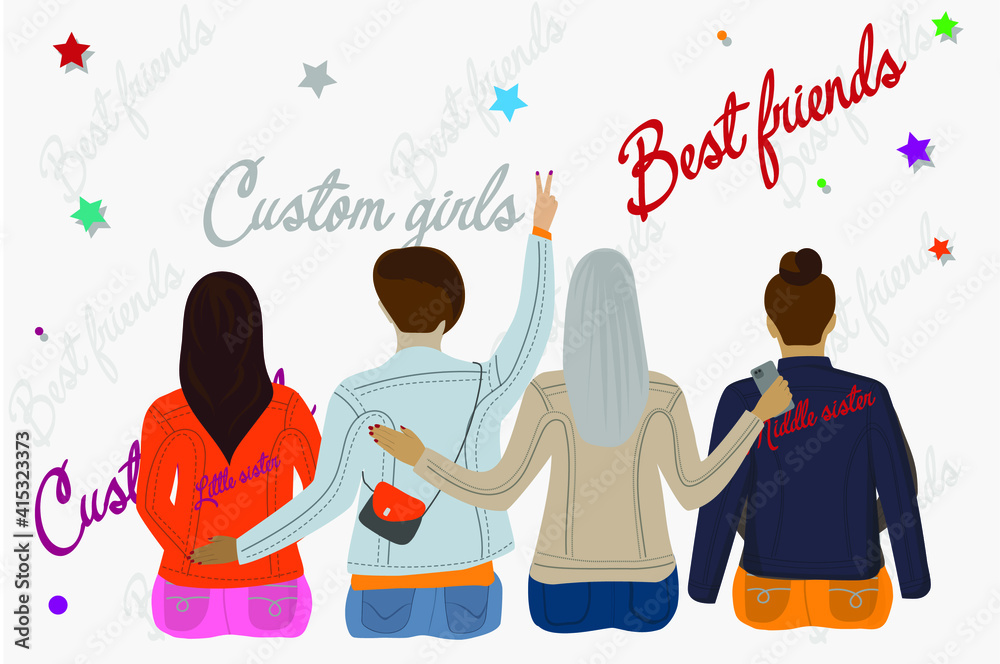 Best friends clipart Girls back view Custom girls Stock Vector | Adobe ...