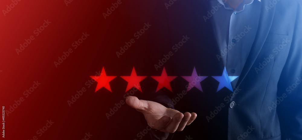 Man hand showing on five star excellent rating.pointing five star ...