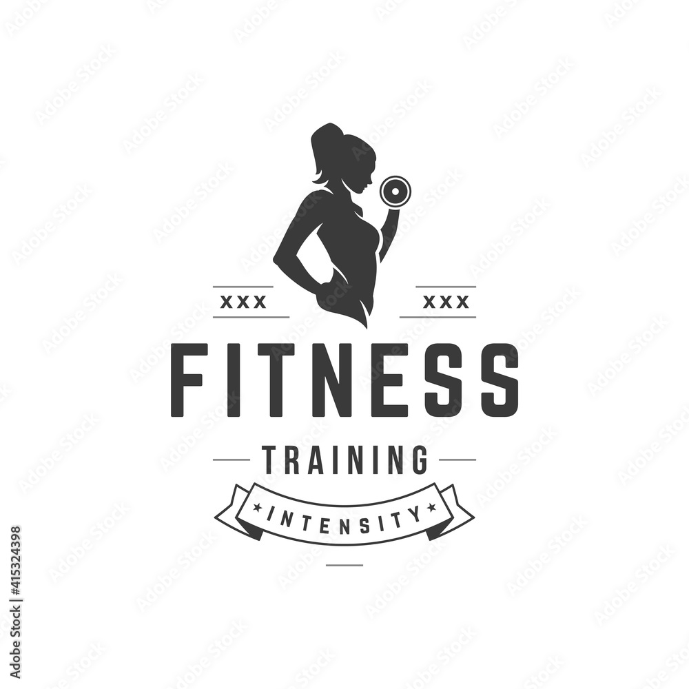 Intense fitness workout vector logo. Athletic female black silhouette ...