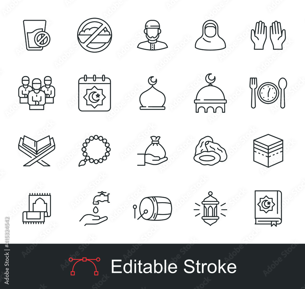 Ramadan icon set line style. iftar time, dome, mosque, female, hijab ...