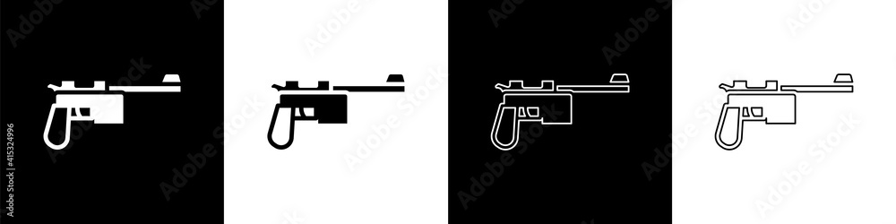 Set Mauser gun icon isolated on black and white background. Mauser C96 ...