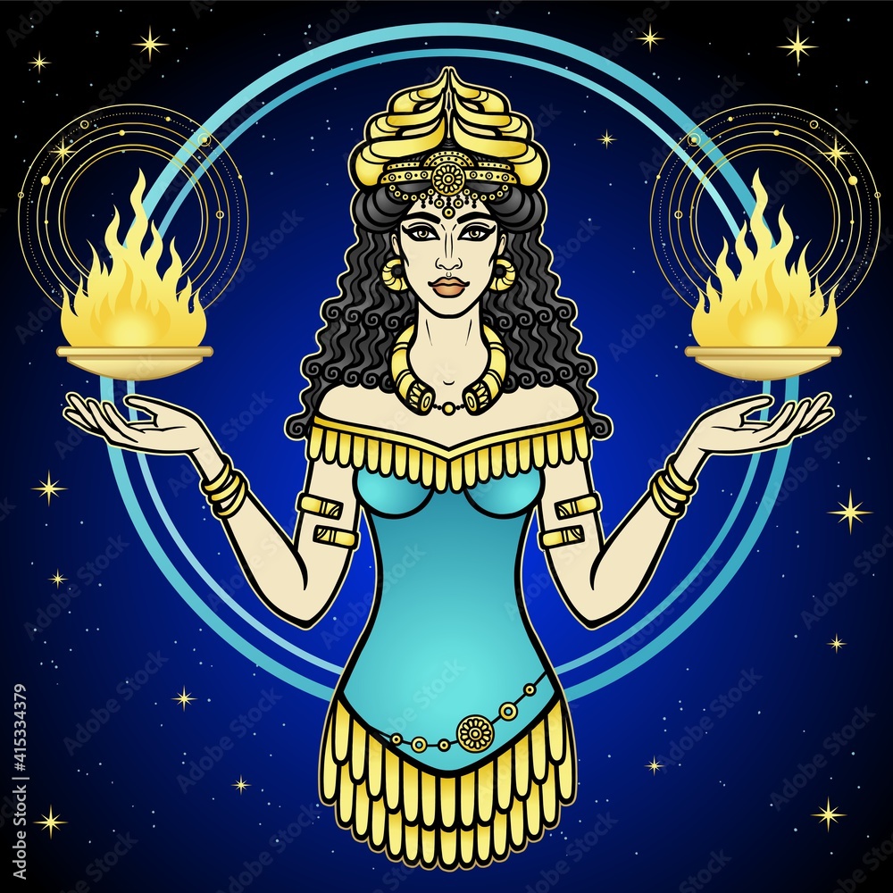 Vecteur Stock Cartoon color drawing: beautiful woman in a horned crown ...