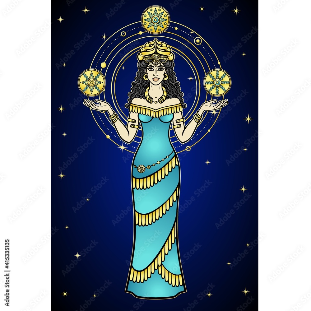 Cartoon color drawing: woman in a horned crown holds stars, a character ...
