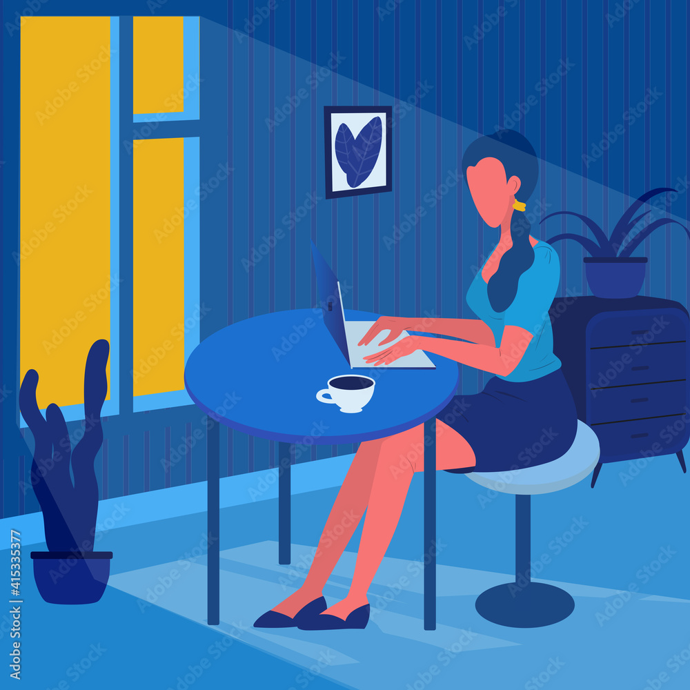 Girl types on the laptop. Women working till midnight. Hard Working ...