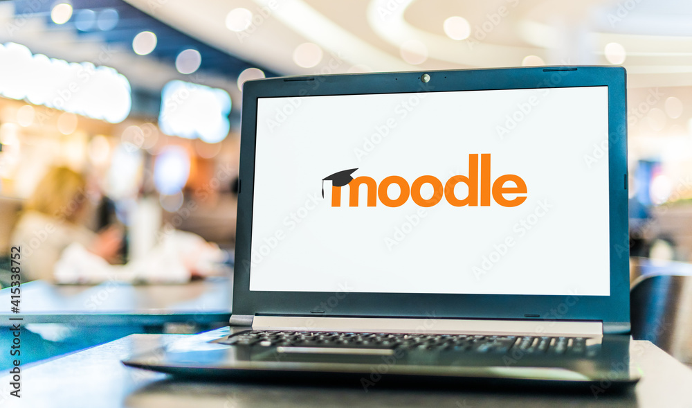 Laptop computer displaying logo of Moodle Stock Photo | Adobe Stock
