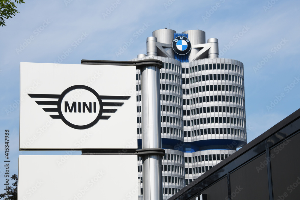 Munich, Bavaria / Germany - May 19, 2018: MINI logo in front of BMW ...