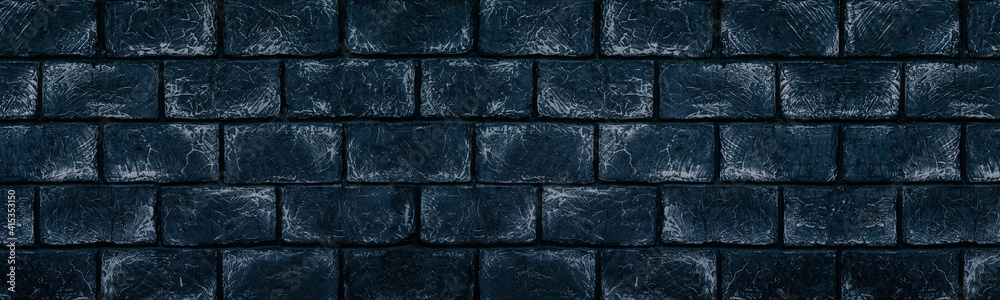 Navy blue large old brick block wall wide texture. Dark indigo gloomy ...