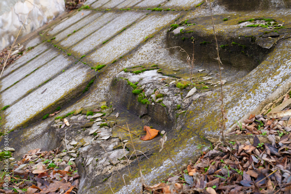 Abandoned children's camp. An old abandoned and ruined pool. Old pool ...