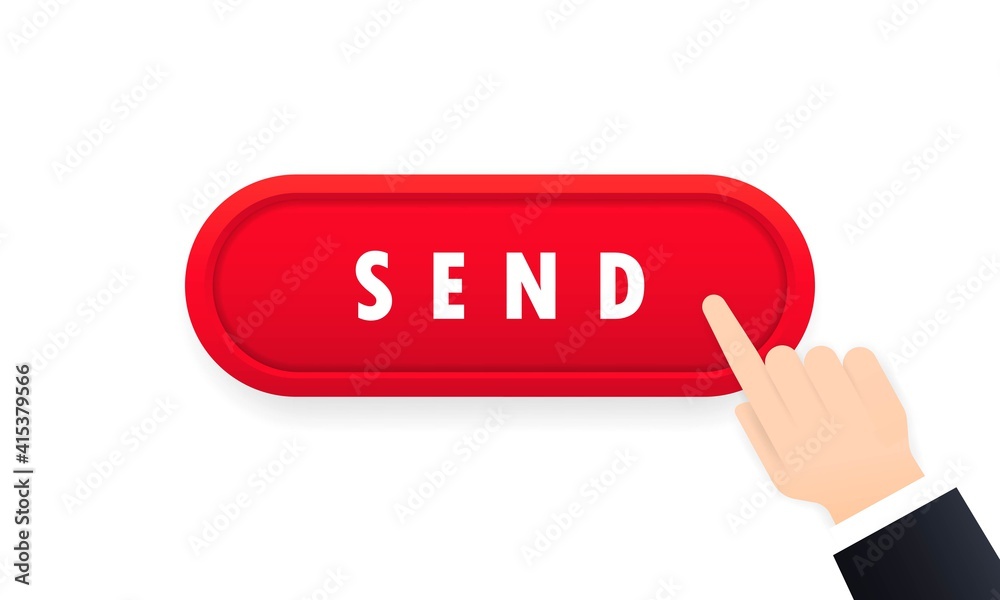 Hand clicking send button icon. Hand push the button send. Social media concept. Vector on ...