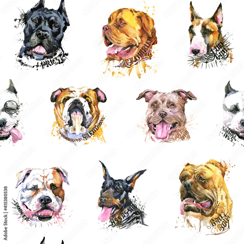 seamless pattern with Dogs. watercolor illustration of a different dog ...