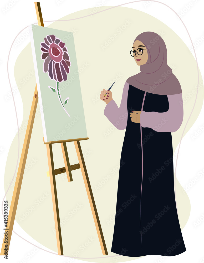 Arabic muslim woman or girl artist drawing flower on the palette with ...
