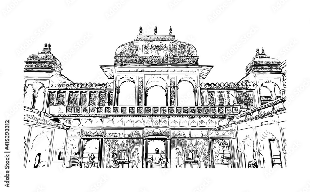 Building view with landmark of Udaipur is the city in India Hand drawn ...