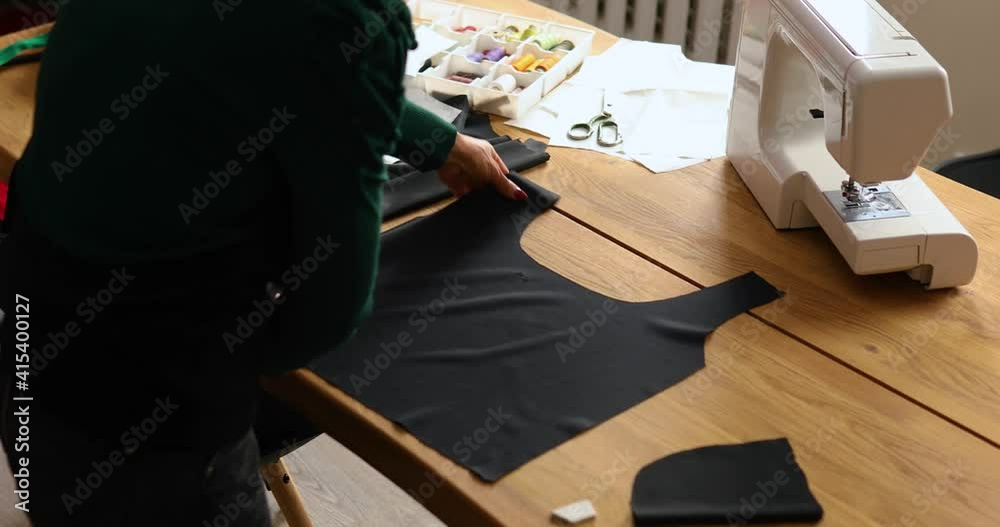 Step by step, woman dressmaker female measuring sewing pattern On Table ...