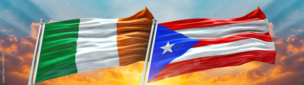 Ireland Flag and Puerto Rico flag waving with texture sky Cloud and ...