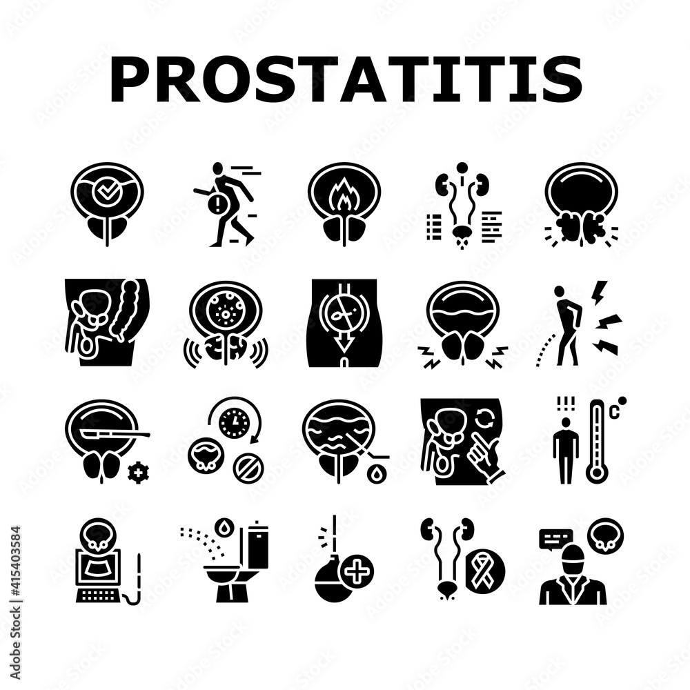 Prostatitis Disease Collection Icons Set Vector. Prostatitis Symptom ...