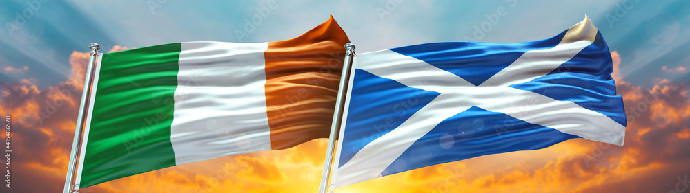Ireland Flag and Scotland flag waving with texture sky Cloud and sunset ...