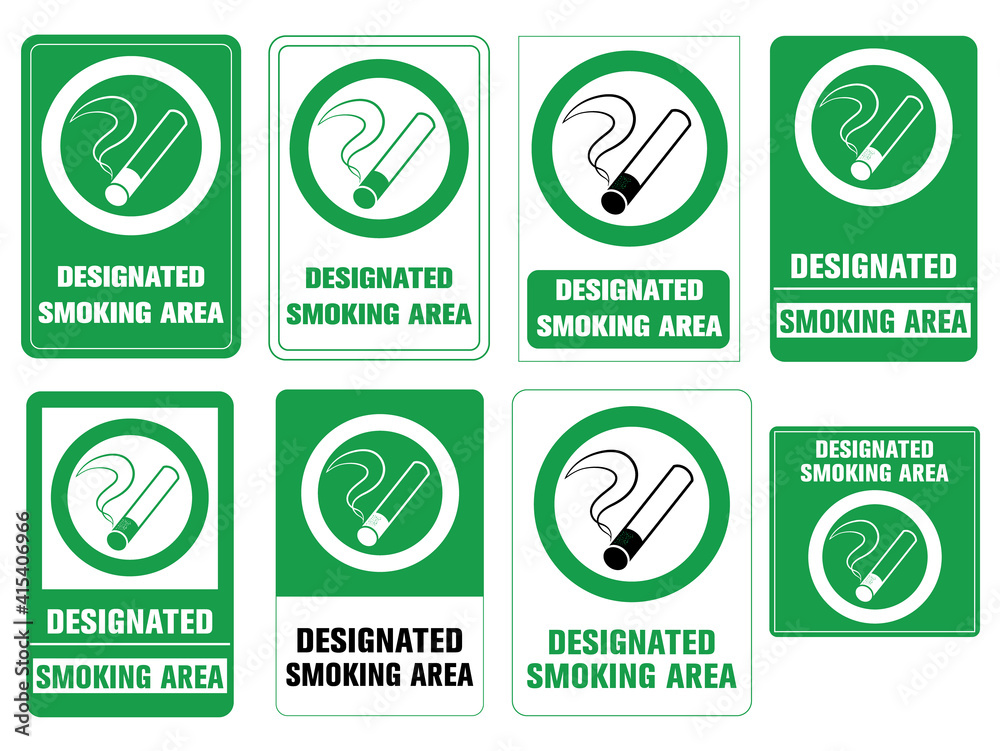Designated smoking area - green signboard sticker set with public ...