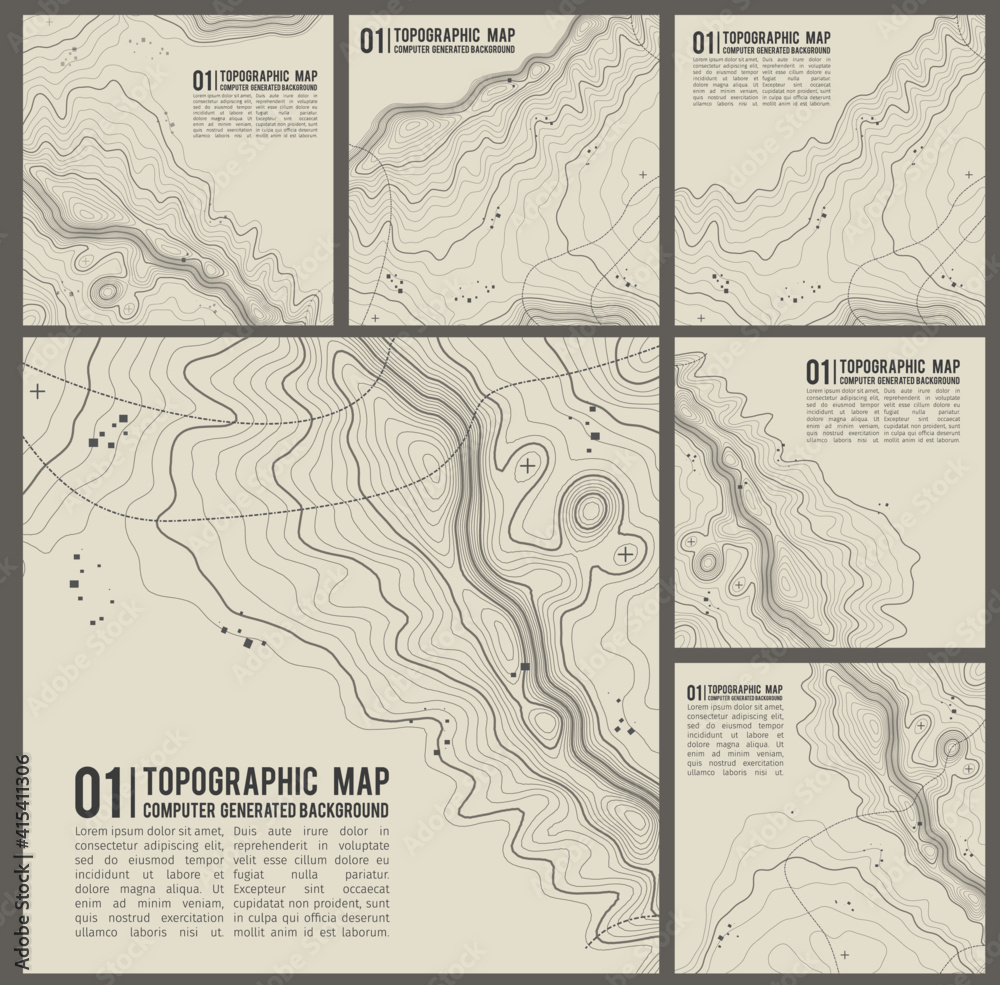 Topographic pattern texture vector Set. Grey contours vector topography ...