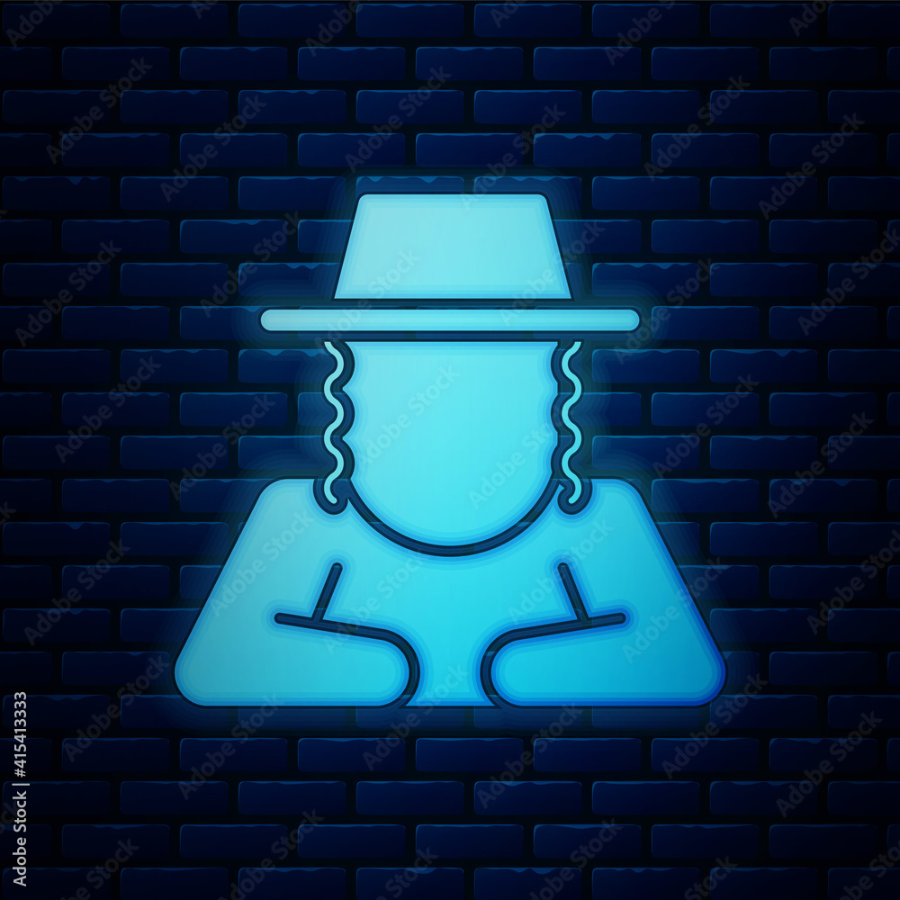 Glowing neon Orthodox jewish hat with sidelocks icon isolated on brick ...