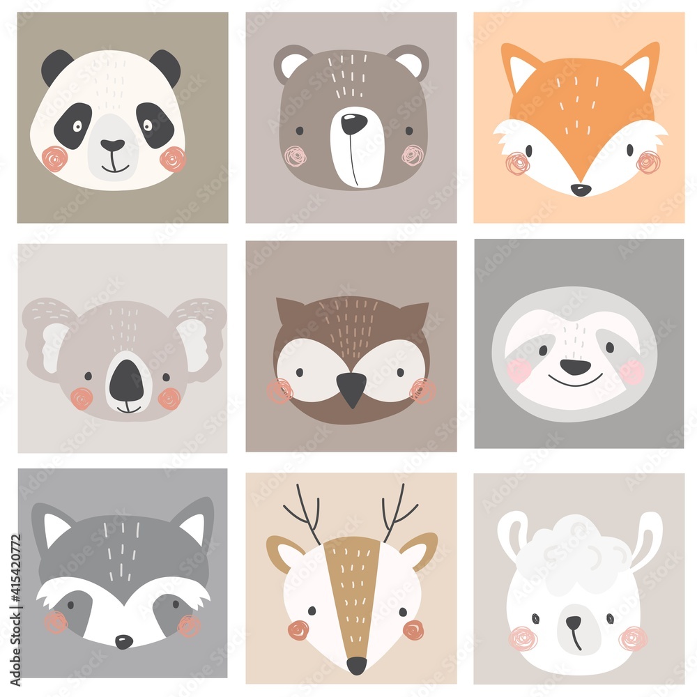 A set of postcards with animals hare, bear, fox, koala, owl, sloth ...