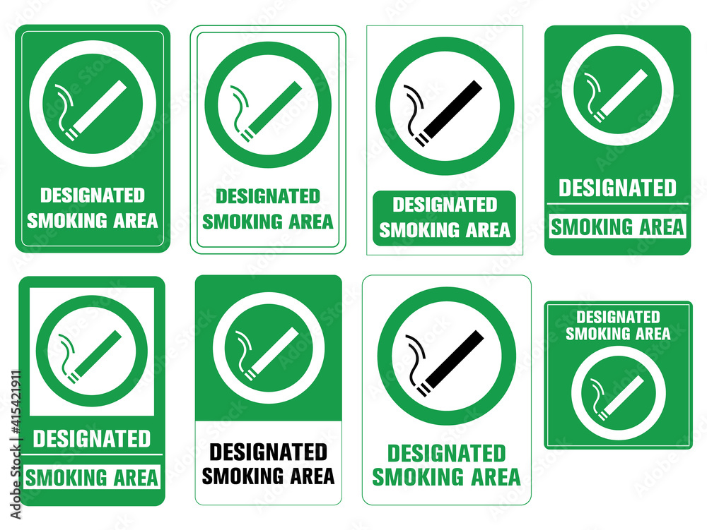 Designated smoking area - green signboard sticker set with public ...