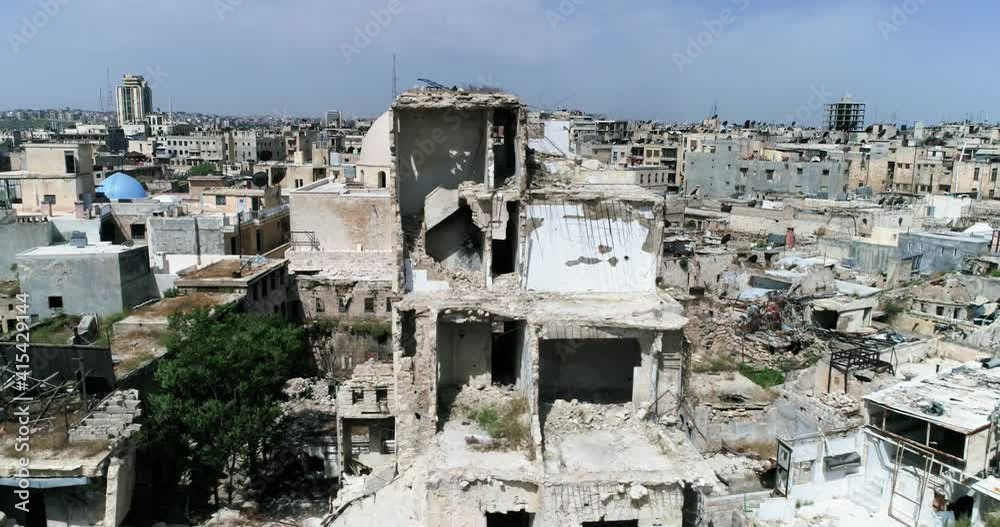 Aerial view above the streets of Aleppo 10 years after the civil war ...