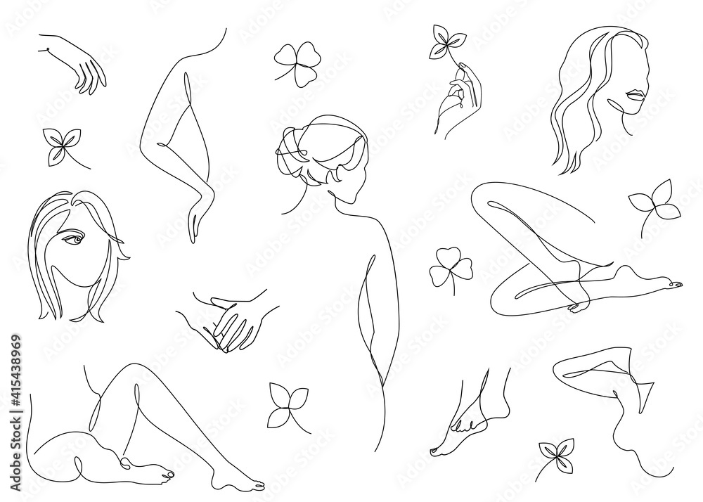 Collection. Silhouettes of a girl's body and leaves in a modern one ...