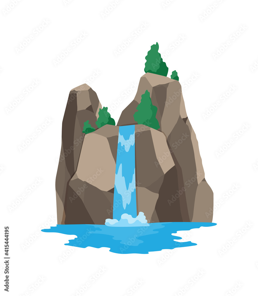 Cartoon river waterfall. Landscape with mountains and trees. Design ...
