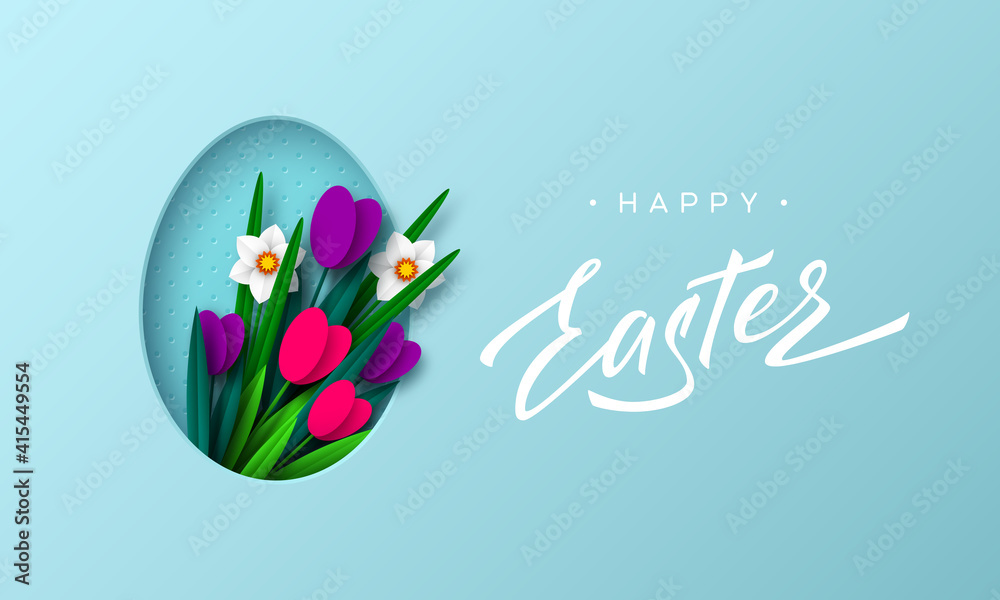 Happy Easter background with paper cut egg and spring flowers tulip and ...