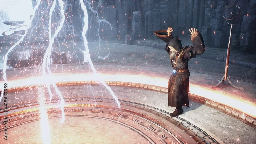 The wizard creates a magical whirlwind in his ancient mystical castle ...