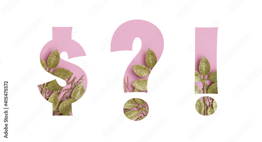 Floral font with gold glitter question mark, dollar, exclamation point ...