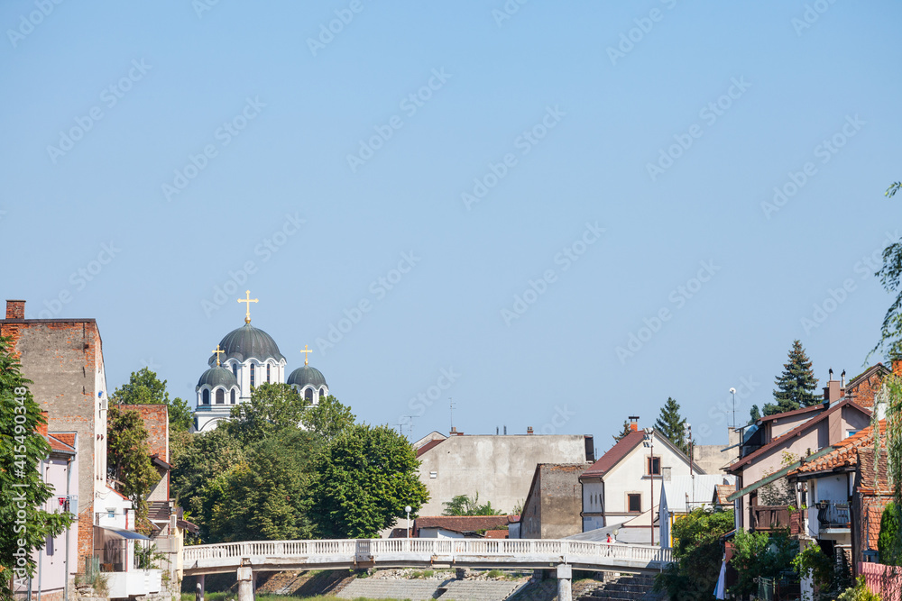 Typical panorama of the pedestrian city center of Valjevo, Serbia, with ...