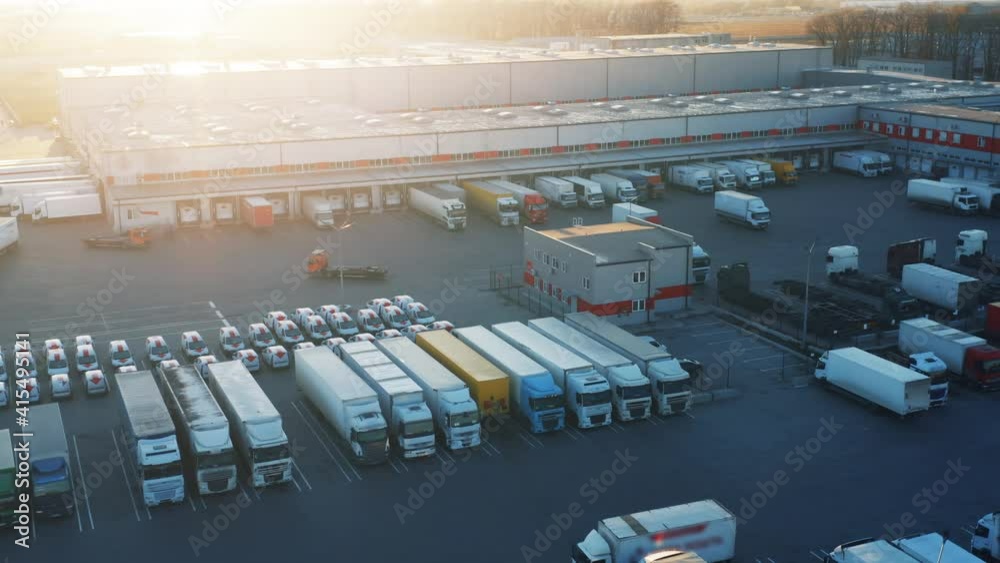 Logistics park with loading hub. Semi-trailers trucks stand at ...