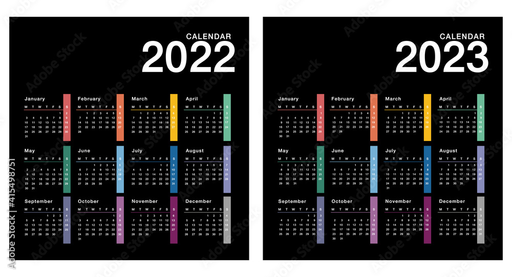 Colorful Year 2022 and Year 2023 calendar horizontal vector design ...