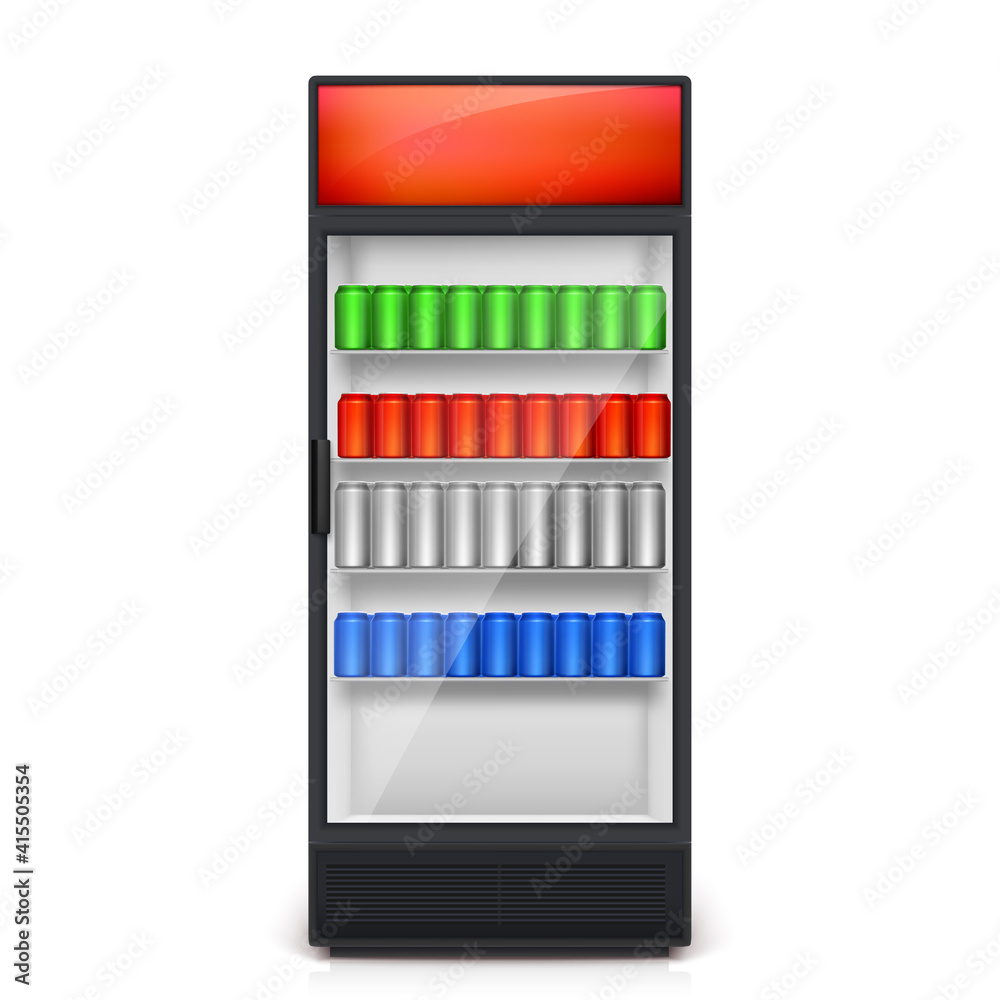 Vending machine isolated on white background. Colorful cans of drinks ...