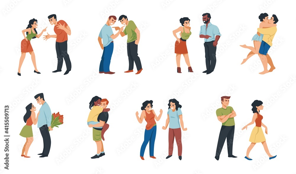 Couple relationship. Cartoon scenes of romantic dates or quarreling ...
