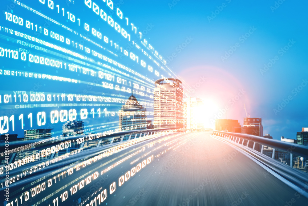 Digital data flow on road with motion blur to create vision of fast ...