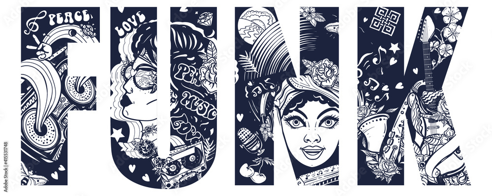 Funk slogan. Music concept. African American young funky woman. Soul ...