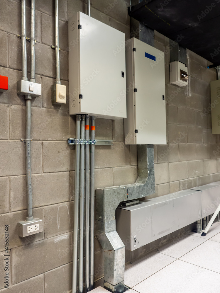 still pipe line power supply boards in box on the wall Stock Photo ...