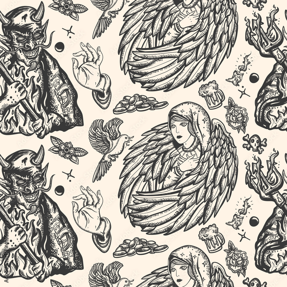Angel and demon gothic seamless pattern. Old school tattoo style. Good ...