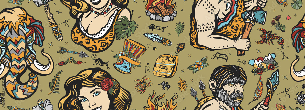 Stone age seamless pattern. Neolithic and epipaleolithic people ...