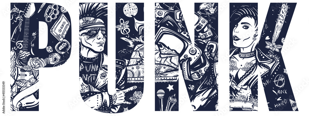 Punk slogan. Old school tattoo vector style. Punker with mohawk ...