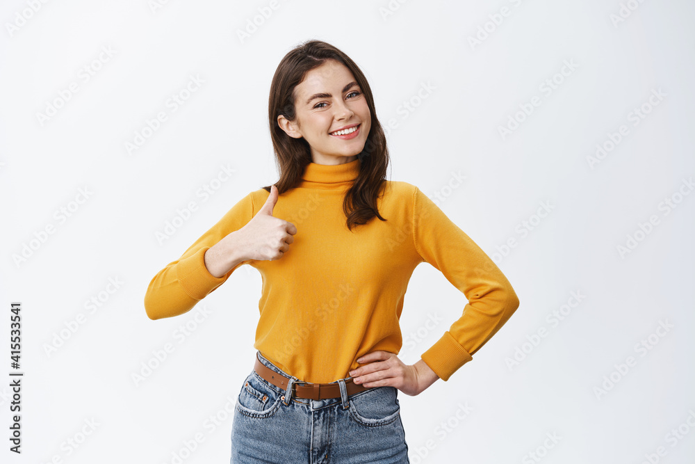 Very good, nice work. Smiling confident girl with natural light make up ...