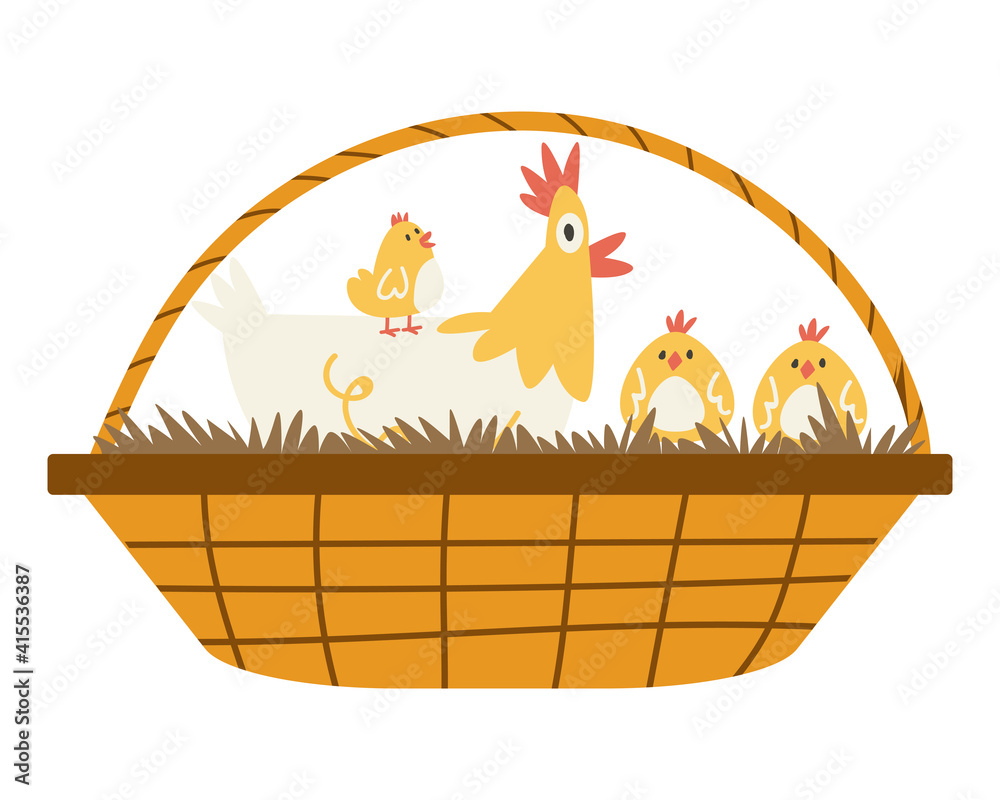 Cute cartoon clocking hen with three chickens ih a wicker basket. Stock ...