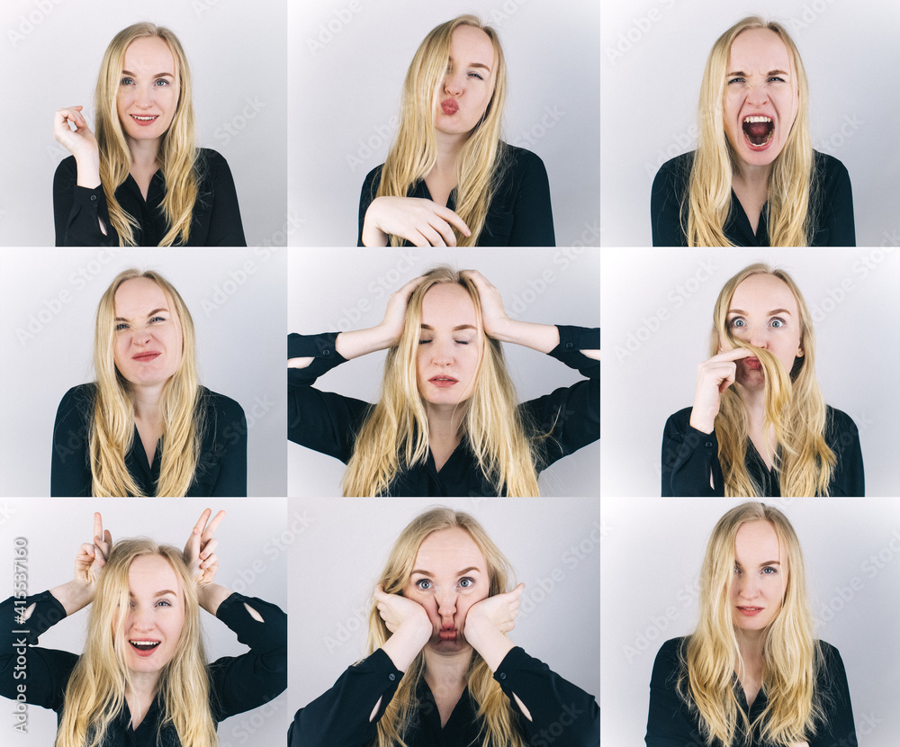 Nine frames in one shot. The blonde girl shows different emotions. From ...